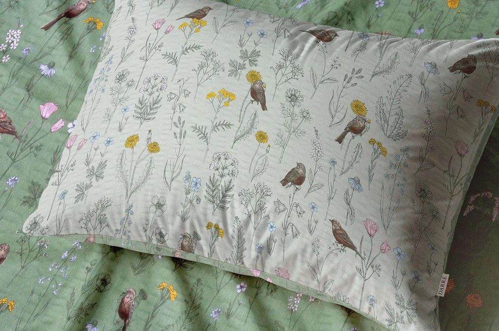 Krepové prodloužené povlečení Ptáčci v kvítí - zelené - duo Velikost: 140 x 220 + 70 x 90