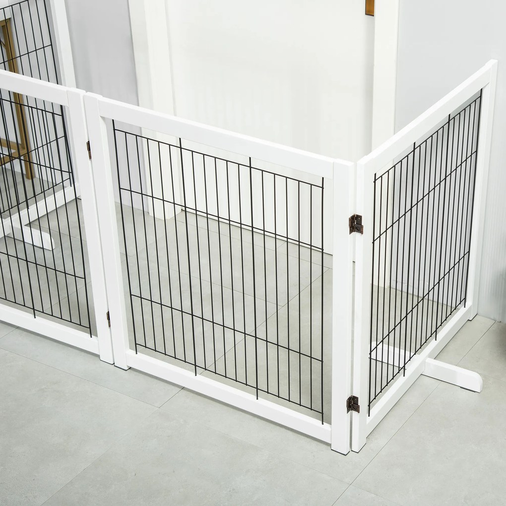 Dřevěná bezpečnostní brána PawHut, zábrana pro psy, bezpečnostní brána, brána pro psy, bezpečnostní dveře, ocel, bílá, 305 x 35,5 x 82 cm