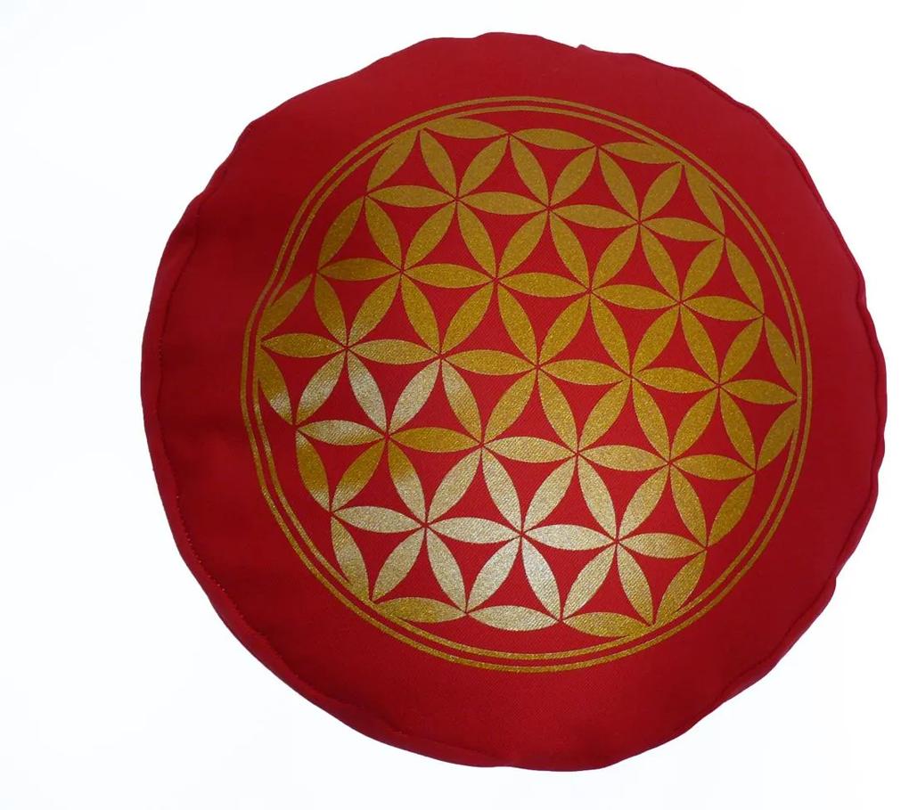 S radostí - vlastní výroba Meditační polštář se zlatým Květem života - červený Velikost: ∅30 x v18 cm