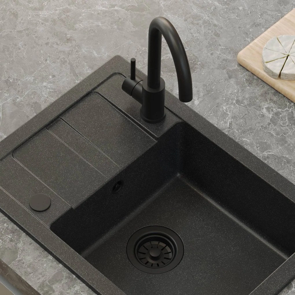 Černý kuchyňský granitový dřez QUADRON GO- SMART + CELOČERNÁ BATERIE