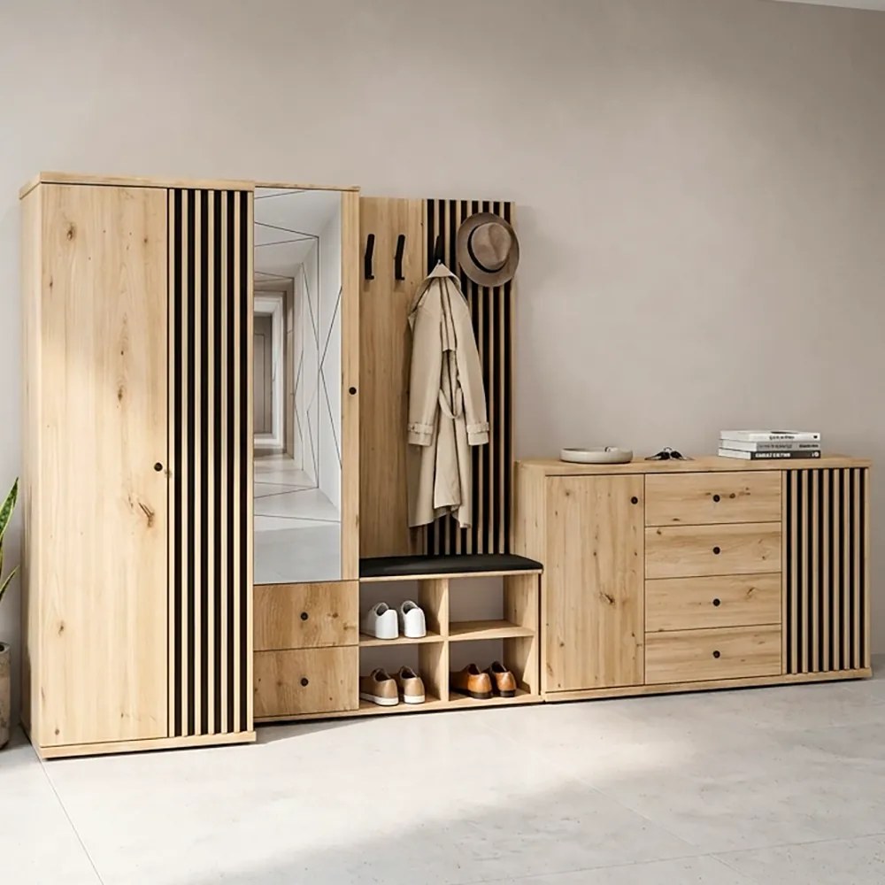 Předsíňová stěna CALI | 3 díly | se zrcadlem | 357 cm | artisan