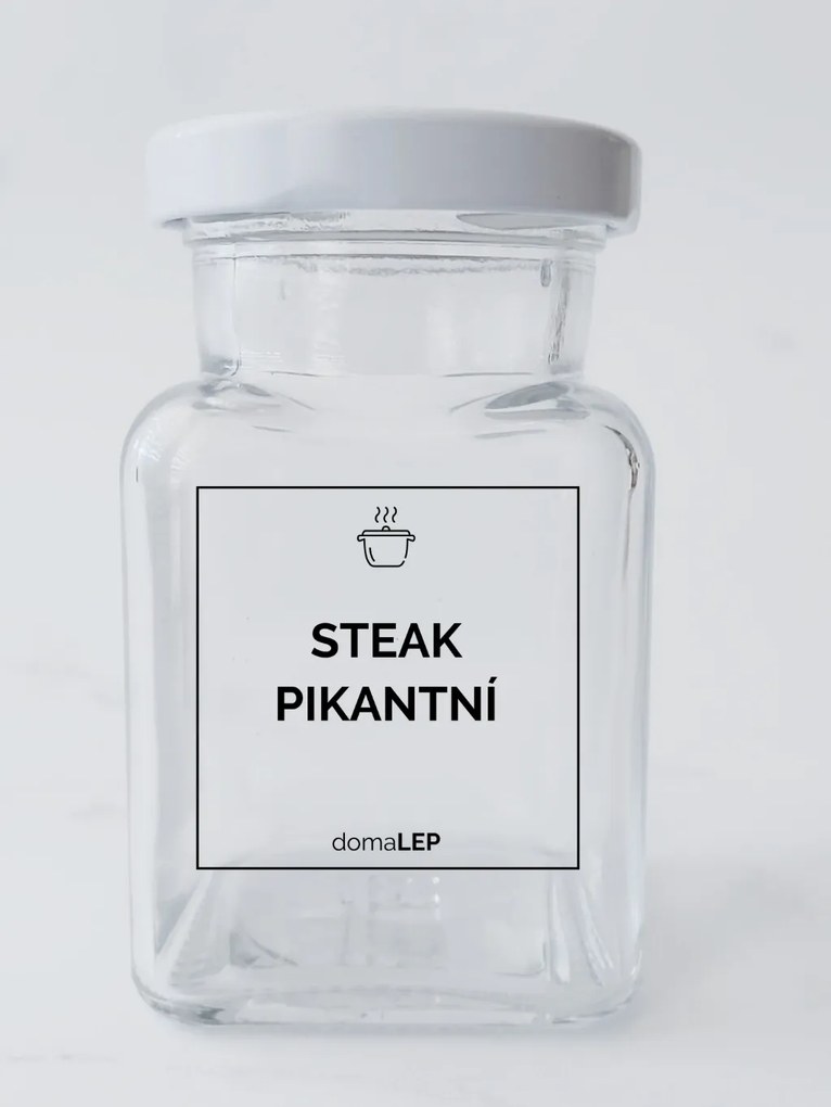 Samolepka na kořenky STEAK PIKANTNÍ průhledná 5 × 5 cm tučné písmo
