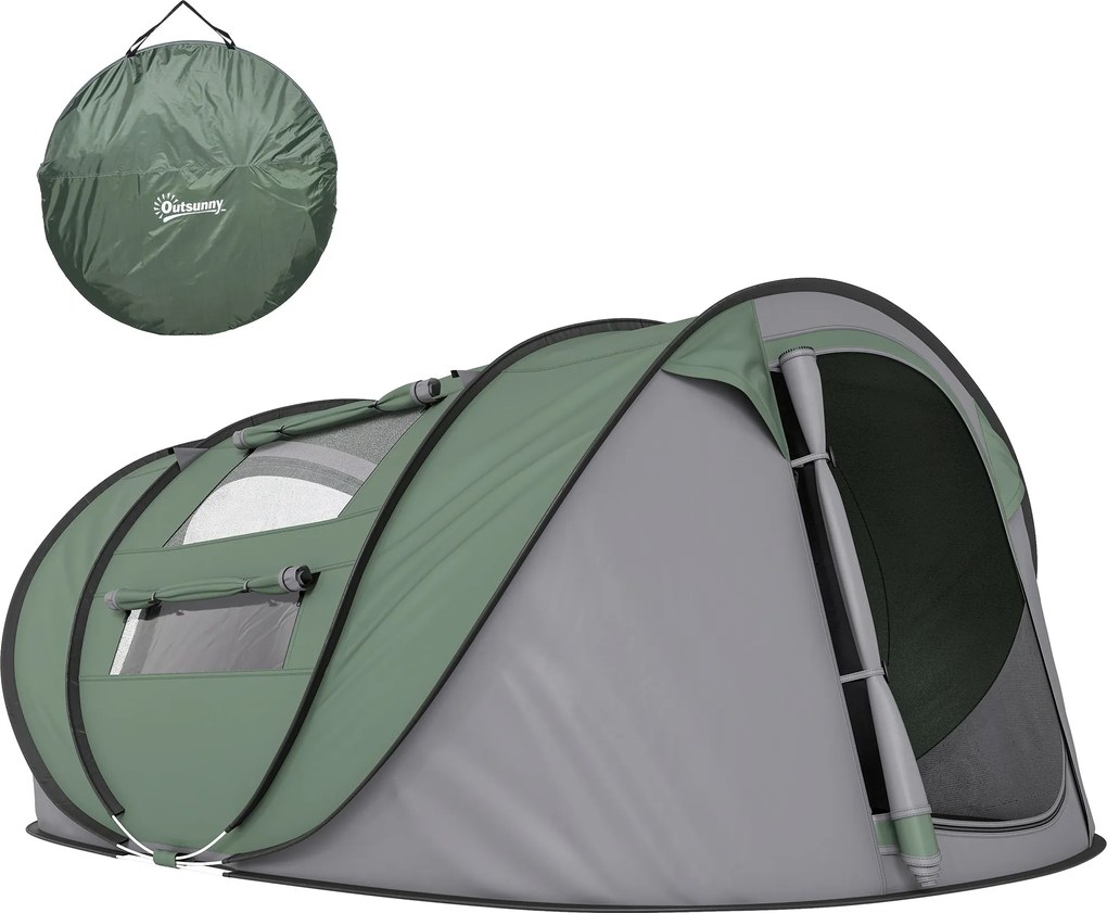 Outsunny Pop-Up Stan pro 4-5 Osob, Instantní Stan s Okny a Voděodolnou UV-Odolnou Taškou 263,5x220x123 cm Zelený a Šedý | Aosom