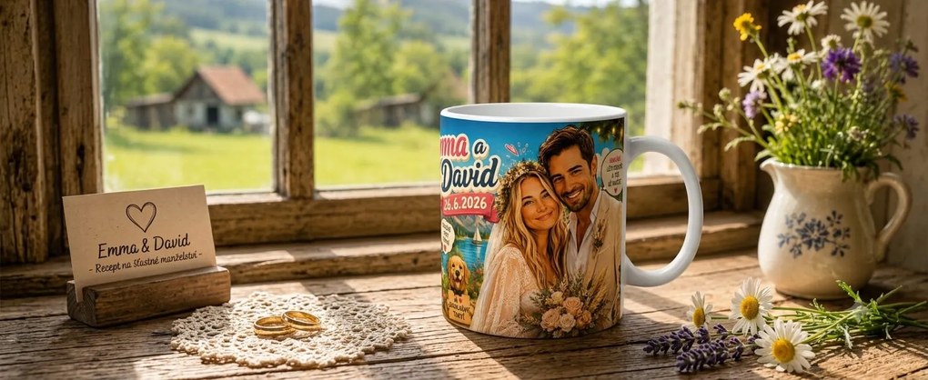 Srdcem darované Veselý hrneček pro životní partnery - na přání 3D ilustrace