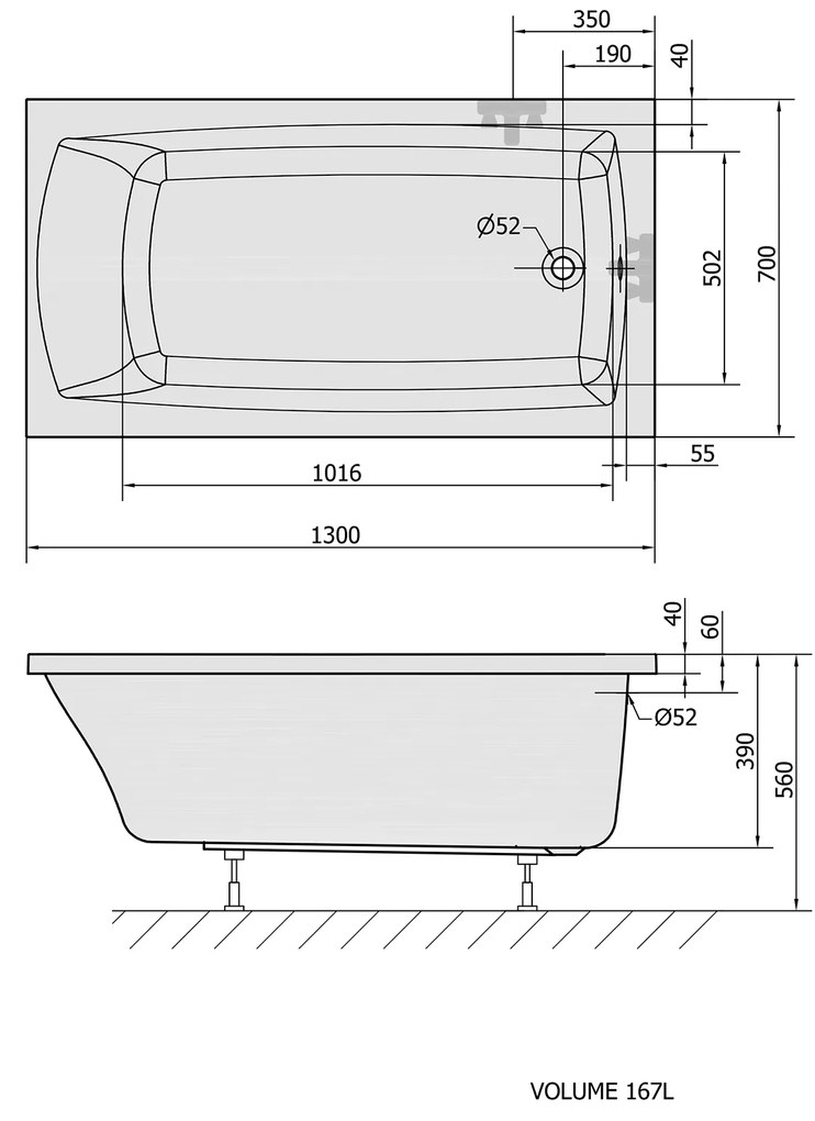 Polysan LILY obdélníková vana s konstrukcí 130x70x39 cm, bílá, 77611