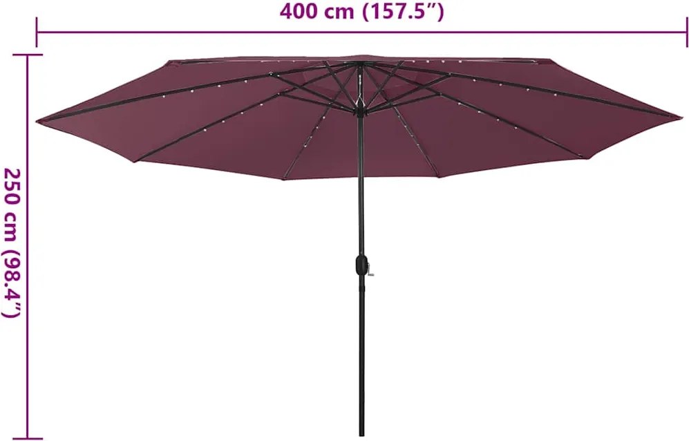 Zahradní slunečník s LED osvětlením 400 cm bordó 312534