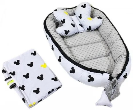 Baby Nellys Sada komplet - oboustranné hnízdečko minky 60x90cm - Mickey, minky šedá