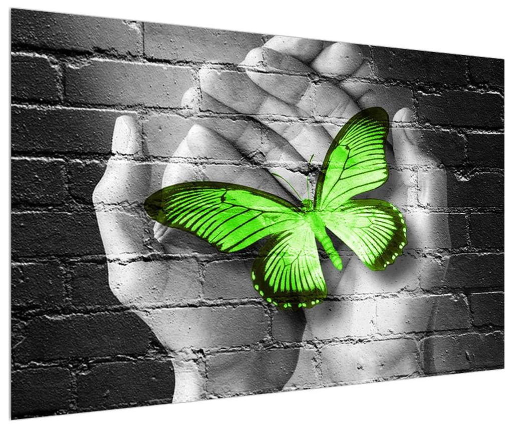 Moderní obraz dlaní s motýlem (120x80 cm)