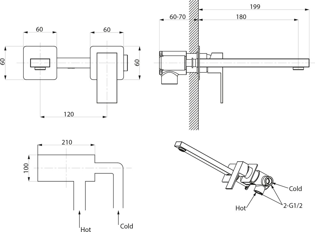 Sapho CUBEMIX podomítková dvouprvková umyvadlová baterie zlato mat CM008GB