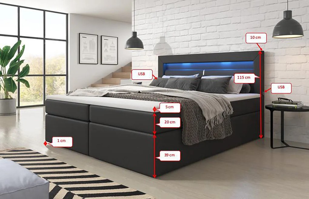 K&M postele Boxspring postel REPOS bez úložného prostoru, LED a USB Velikost postele: 140 × 200 cm, Výběr matrace: Taštičková zónová matrace - měkká …