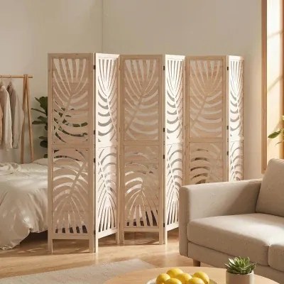 HOMCOM Paraván do interiéru ze dřeva 6 panelů 240 x 170 cm, skládací a přenosný, motiv listů, odnímatelný design, přírodní dřevo