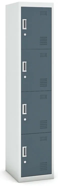 Šatní skříňka S3 s úložnými boxy, 4 boxy, 1800 x 380 x 450 mm, demont, cylindrický zámek, tmavě šedé dveře