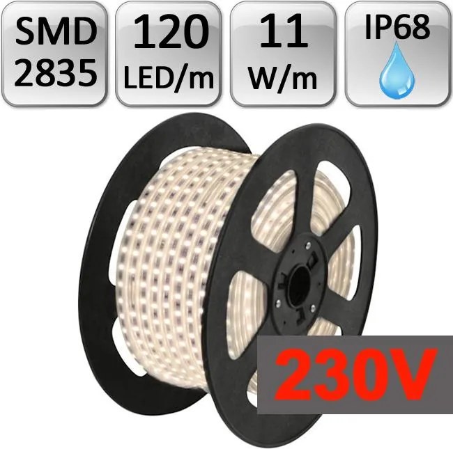 LED21 LED pásek 230V 120ks 2835 11W/m 1m silikon STUDENÁ BÍLÁ