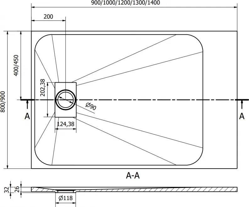Mexen Hugo, obdélníková sprchová vanička SMC 120 x 90 cm, černá, ocelová krytka, 42709012-X