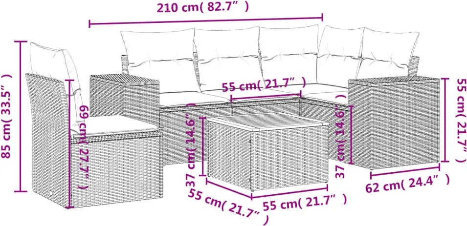 6dílná zahradní sedací souprava s poduškami černá polyratan 3257778