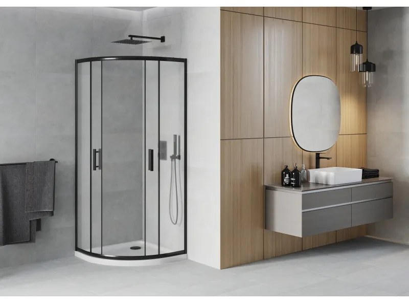 Mexen Rio, čtvrtkruhový sprchový kout 90(dveře)x90(dveře)x190 cm, 5mm sklo námraza, černý profil + bílá sprchová vanička SLIM, 863-090-090-70-30-4110B