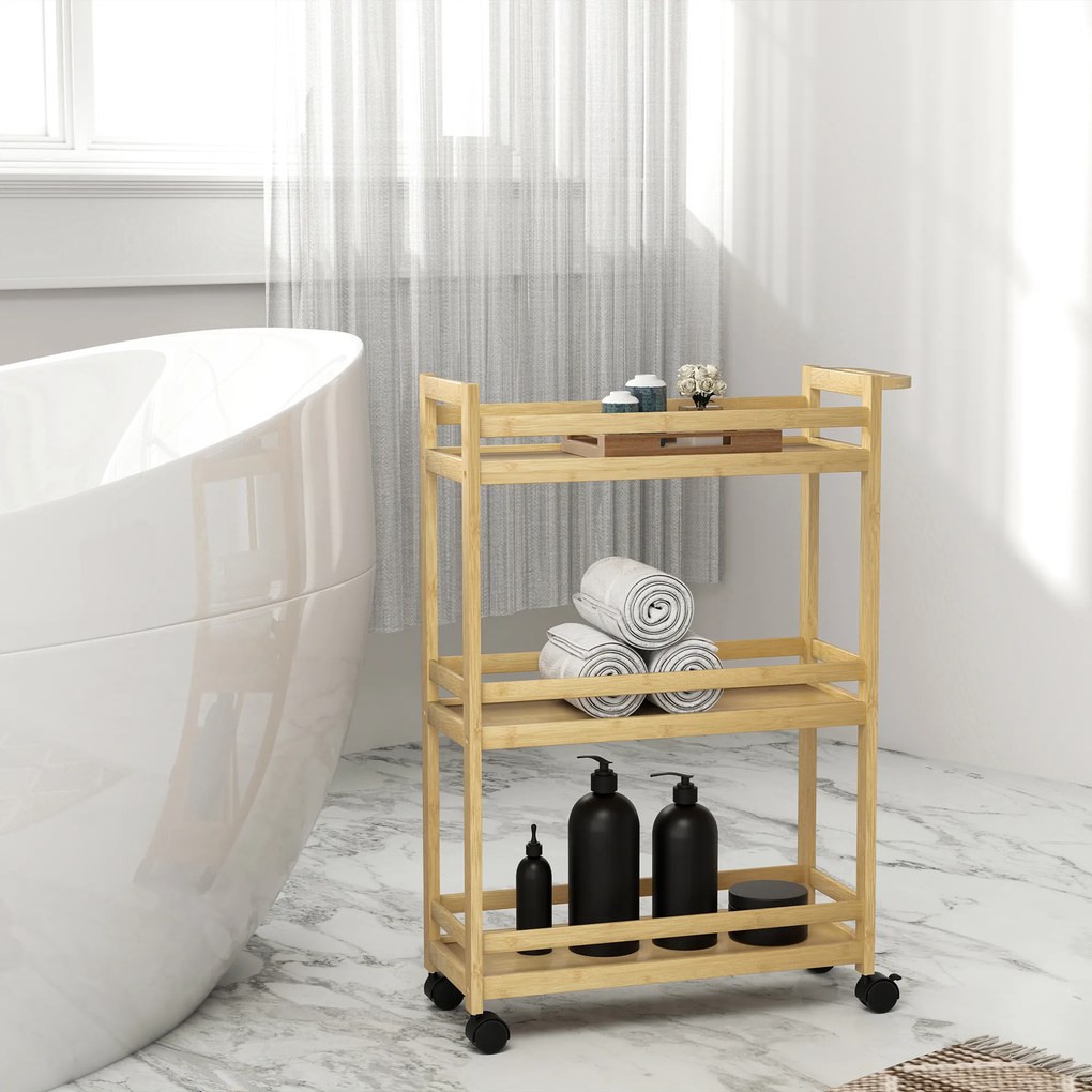 HOMCOM 3-vrstvý bambusový koupelnový regál na kolečkách do obývacího pokoje a kuchyně 55x20x75 cm přírodní