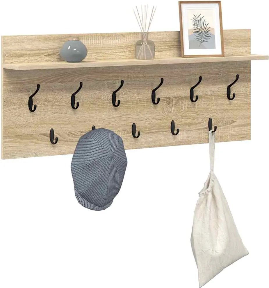 věšák, nástěnný, 1 prkno, háčky, kompozitní dřevo, 40x100x12 cm, dub sonoma, Dekorino TK20260019