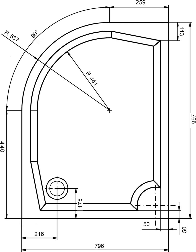 Gelco Riva GR10080R sprchová vanička z litého mramoru 100 x 80 x 4 cm čtvrtkruhová pravá