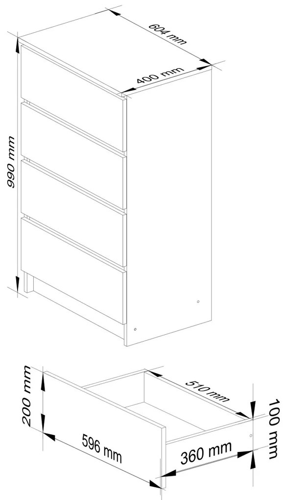 Komoda Kuba 60 cm - 4 šuplíky dub artisan/grafitová