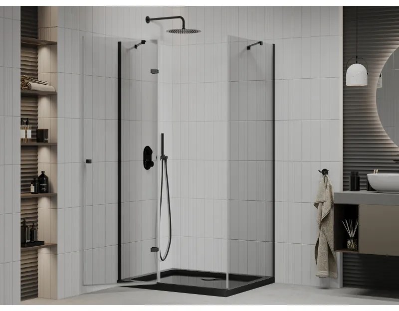 Mexen Roma, sprchový kout s 1-křídlými dveřmi 100 (dveře) x 80 (stěna) cm, 6mm čiré sklo, černý profil, slim sprchová vanička 5cm černá s černým sifonem, 854-100-080-70-00-4070B