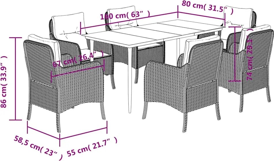 7dílný zahradní jídelní set s poduškami šedý polyratan 3211952
