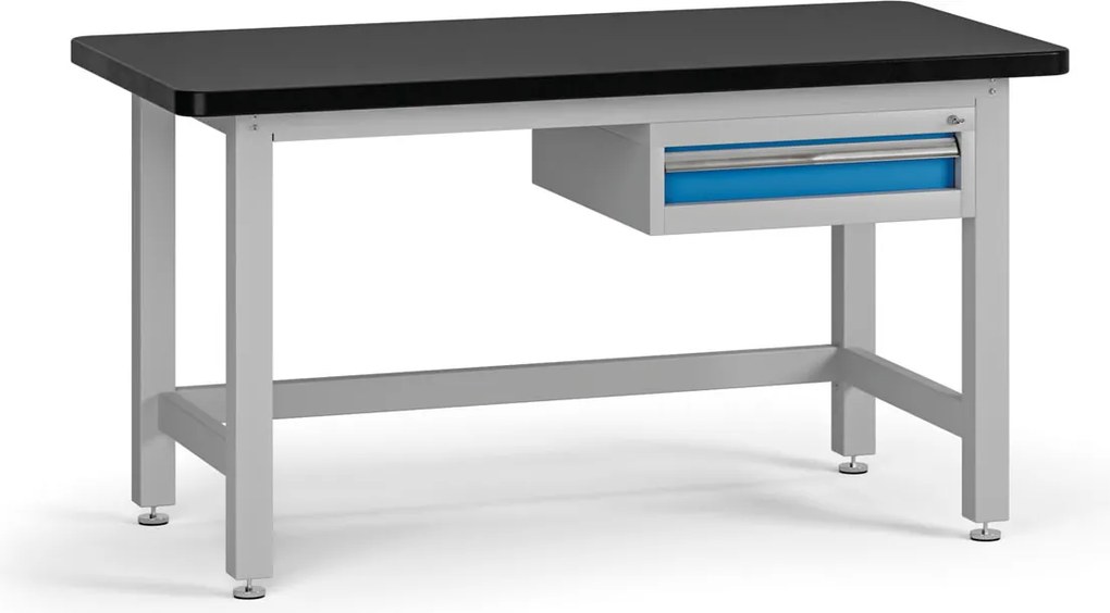 Profesionální dílenský stůl G4, 1 zásuvka, deska MDF + PVC, 1500 x 750 x 800 mm, modrá