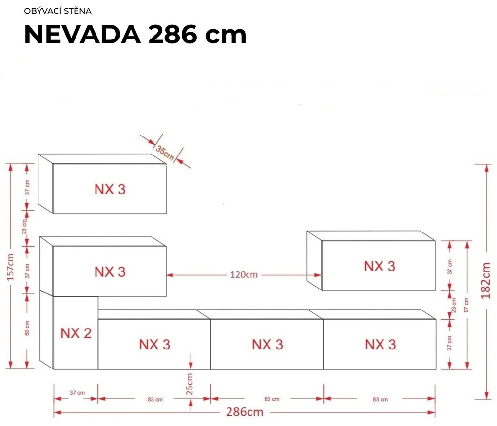 Ral Obývací stěna NEVADA 3, 286 cm - Bílo/černý lesk