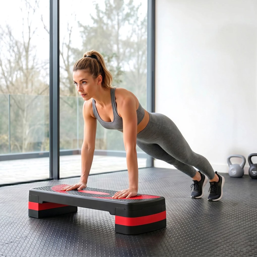 HOMCOM Aerobní stepper, výškově nastavitelné, pro vnitřní i venkovní použití, nosnost až 150 kg, 80 x 31 x 10-20 cm, Červený