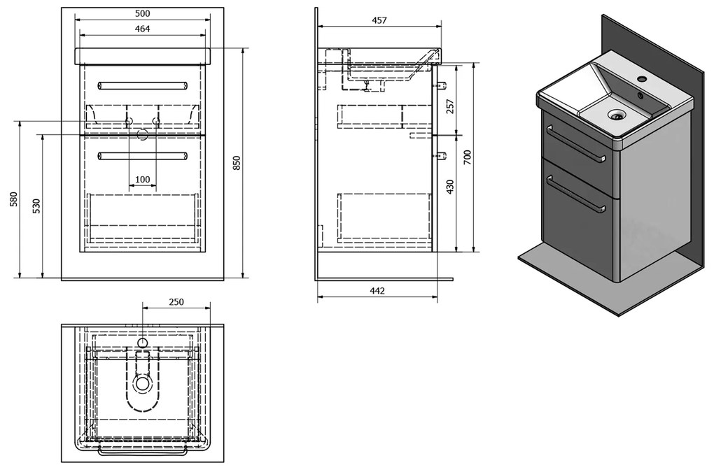 Sapho, THEIA umyvadlová skříňka 46,4x70x44,2cm, 2xzásuvka, bílá (TH050), TH050-3030