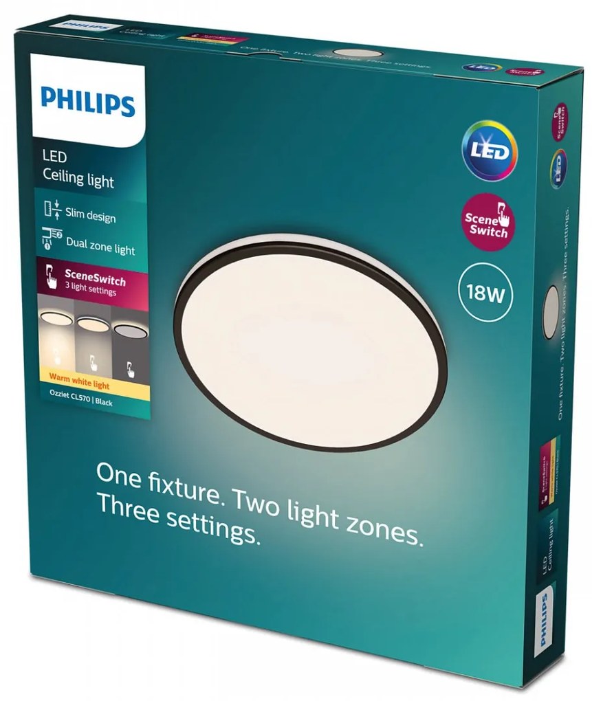 Philips 8719514431928 led stropní svítidlo ozziet 1x18w | 1800lm | 2700k - stmívatelné - sceneswitch, černá
