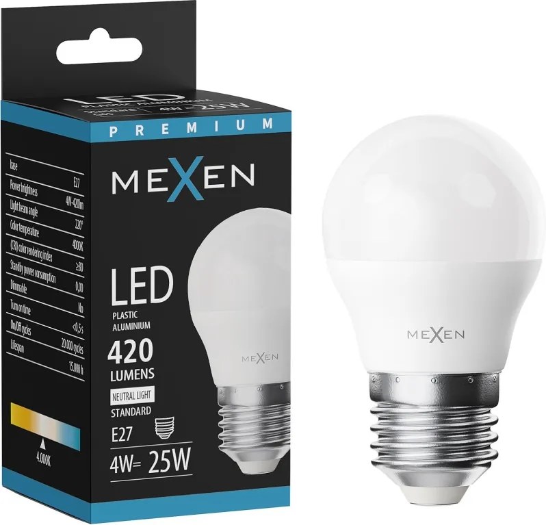 Mexen Nova, LED žárovka E27, G45, 4W, neutrální - 4000K, 420 lm - L101-E27-0440-01