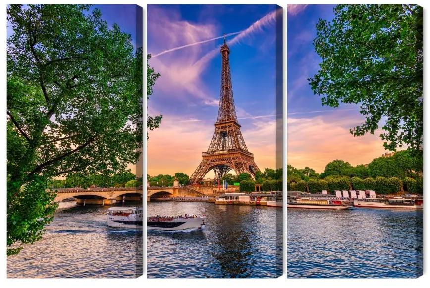 Vícedílný obraz Eiffelova Věž A Řeka Seina Při Západu Slunce V Paříži Nedostatek Nedostatek Přírodní plátno 120x80