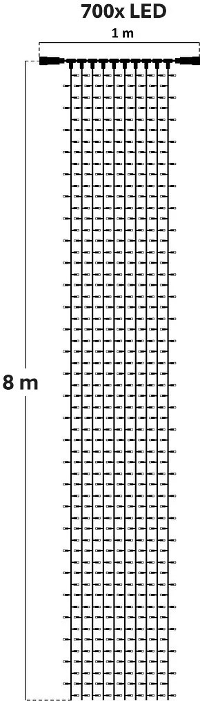 LED světelná záclona, 1x8 m, teple bílá s Flash efektem, 700 diod, IP67