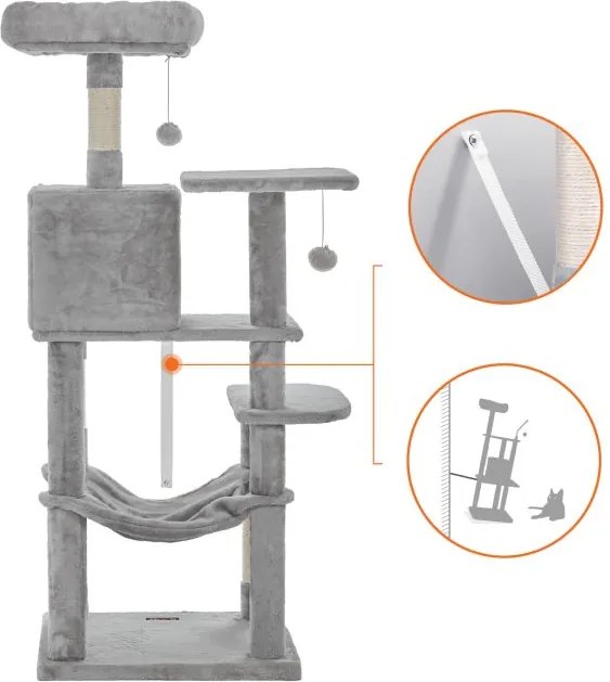 Škrabadlo pro kočky s domečkem a hamakou, světle šedé, 143cm