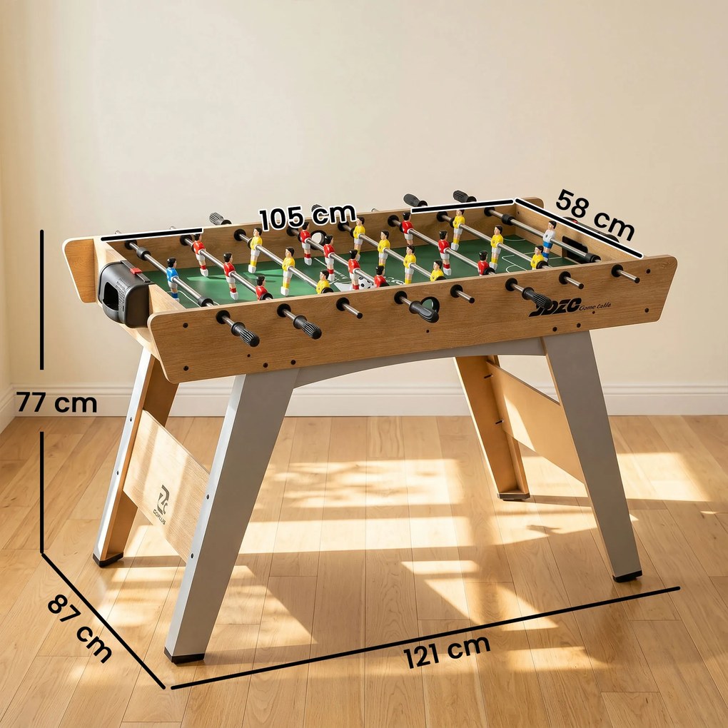 SPORTNOW stolní fotbal s 22 hráči, 2 míčky, protiskluzové rukojeti, počítadla skóre a šikmé nohy — rodinný herní stůl 121 x 87 x 77 cm, přírodní dekor