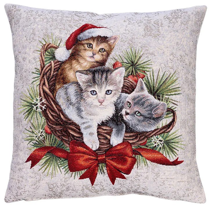 Gobelínový povlak na polštář - Vánoční kočičky v košíku
