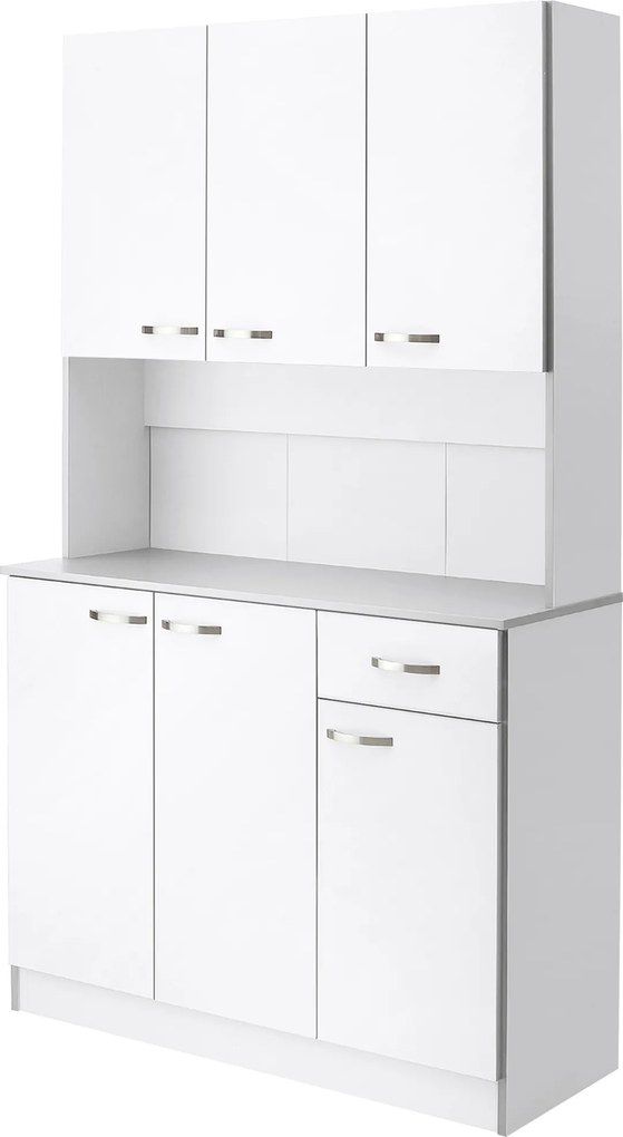 HOMCOM Moderní kuchyňský bufetový kabinet s vícero úložnými prostory, 6 dveří, 1 šuplík + velká pracovní deska, rozměry 101L x 39W x 180H cm v bílé a…