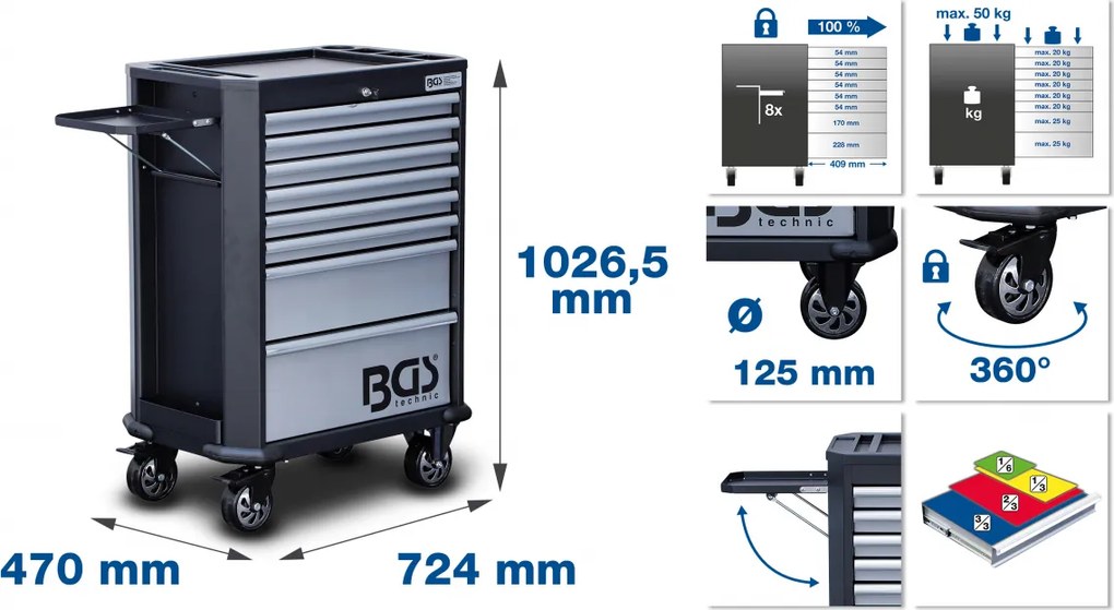 BGS 4007, Dílenský vozík | 8 zásuvek | se 299 nástroji