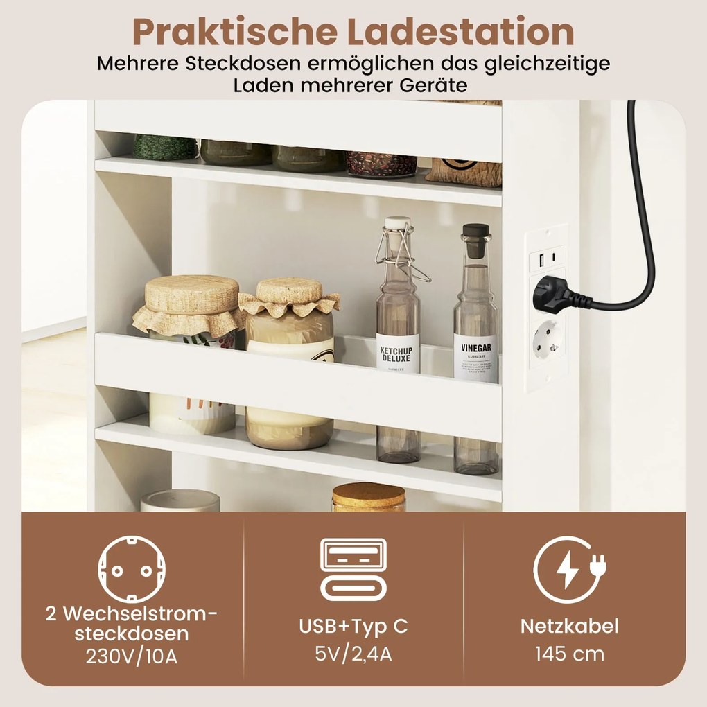 Costway 13 cm tenký úložný vozík s nabíjecí stanicí 4patrový rolovací kuchyňský