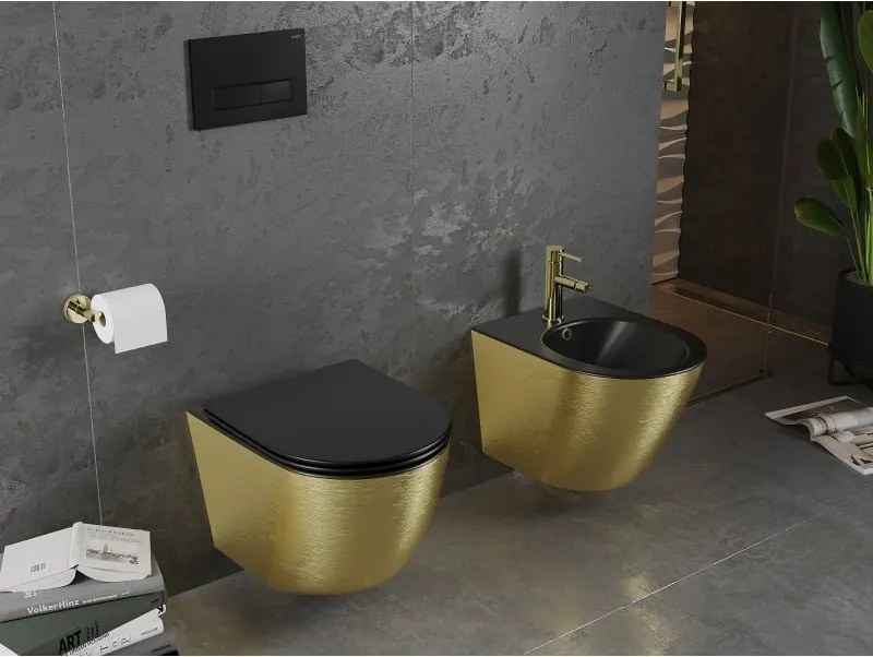 Mexen Lena wc mísa Rimless se sedátkem slim s pomalým zavíráním, duroplast, černá matná/zlatý vzor linie - 30224077