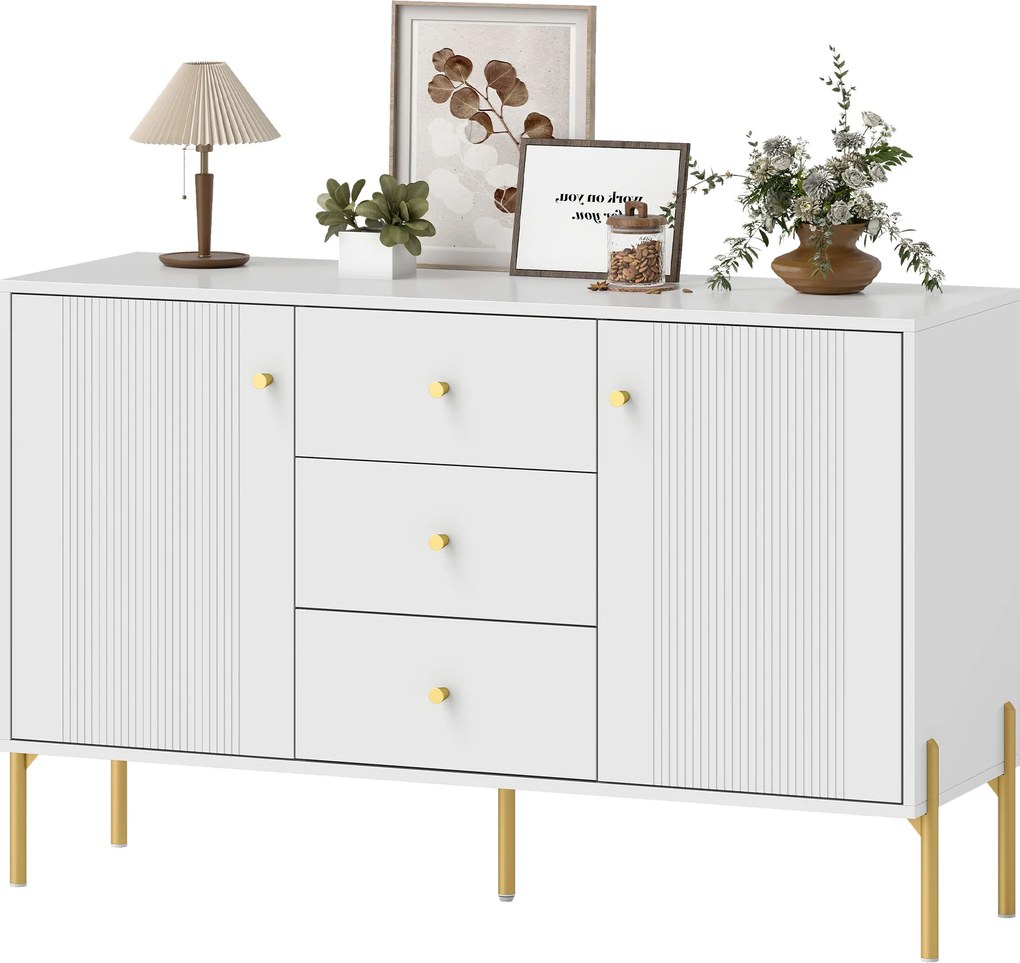 HOMCOM Moderní sideboard, nábytek do kávového koutku se 3 tichými zásuvkami, 2 nastavitelné police, 5 kovových nohou, bílé