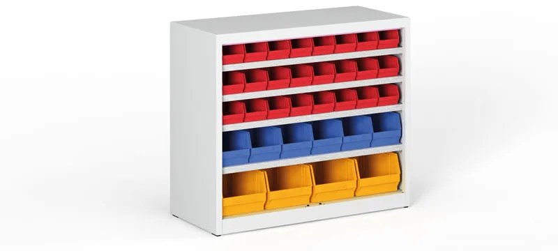 Skříň s plastovými boxy BASIC - 800 x 400 x 920 mm, 32xA/4xC, šedá/modré dveře