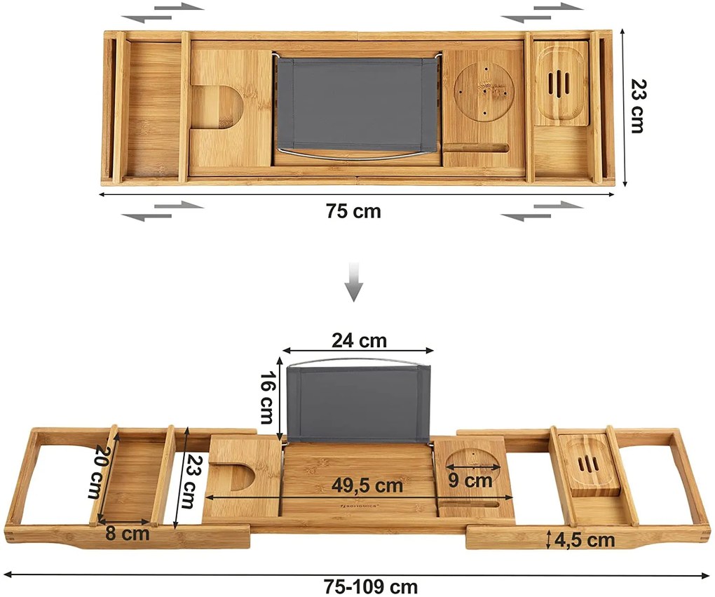 SONGMICS Podnos na vanu bambusový přírodní 75-109 cm