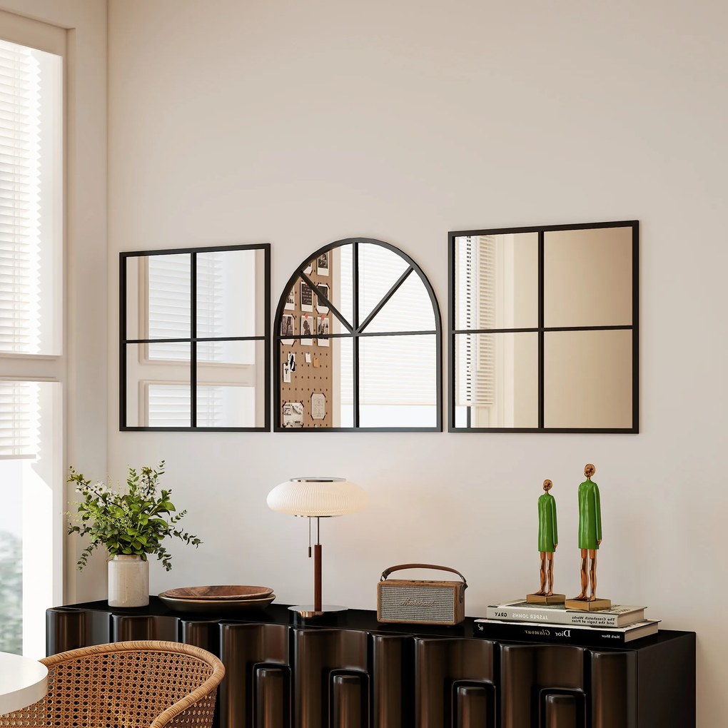 HOMCOM nástěnné zrcadlo 60 x 180 cm trojdílné, zakřivené zrcadlo s kovovým rámem, dekorativní visící zrcadlo, okno zrcadlo pro koupelnu a obývací pok…