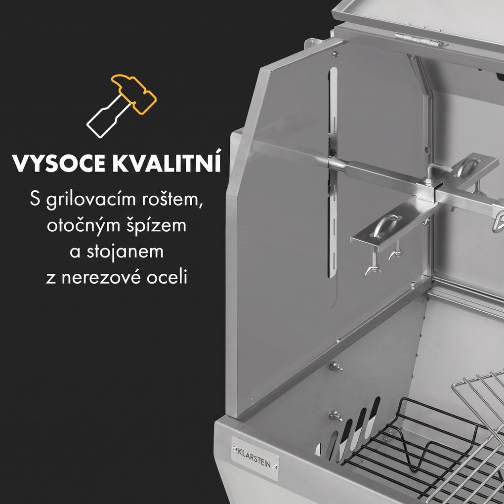 Klarstein Sauenland Pro XL, gril na sele, otočný špíz, 13 W, 4 kolečka, nerezová ocel