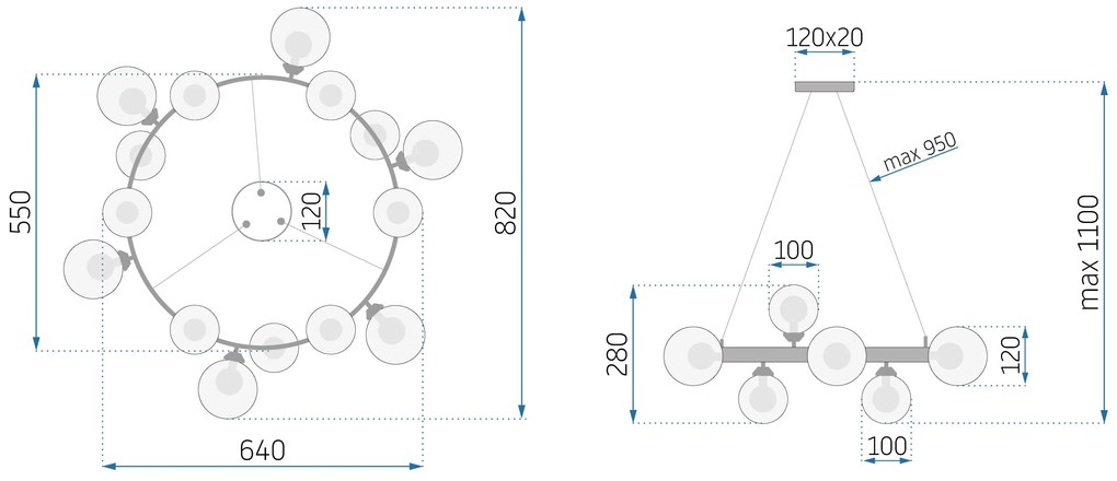 Toolight Stropní závěsné svítidlo se skleněnými koulemi na okraji APP906-15CP