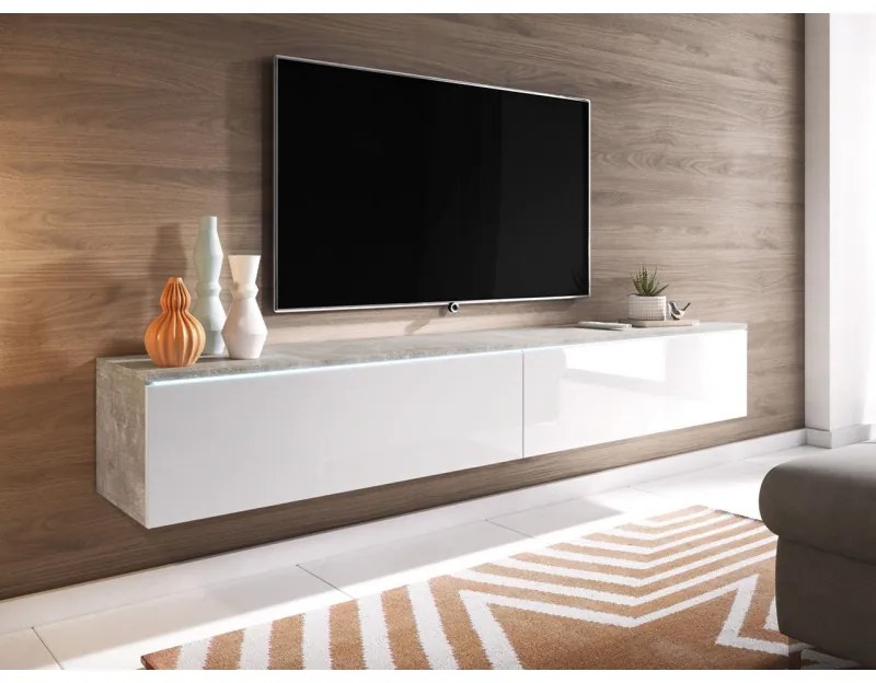 TV stolek Dlone 180, Barva: Beton + Bílý lesk, Osvětlení: osvětlení LED - bílé