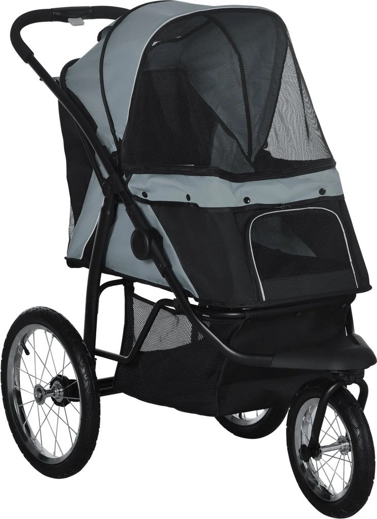 PawHut kočárek pro psy - skládací buggy pro psy a kočky do 20 kg s terénními gumovými koly, polstrovanými okny a dveřmi, šedý kočárek s úložným košem