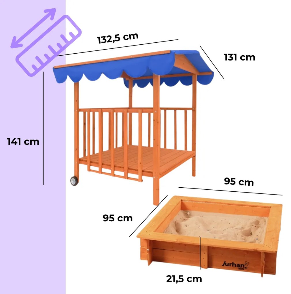 Pískoviště s verandou HAPPY, 130x130x143 cm, hnědá/modrá Jurhan